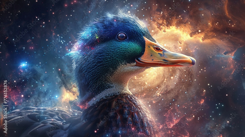 Generate a captivating artwork showcasing a duck exploring the endless ...