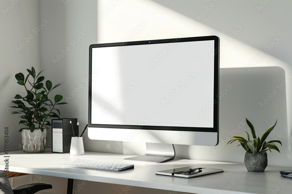 Minimalist office background computer display mockup Stock Illustration ...