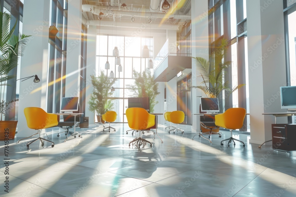 Open space modern bright office background with many chairs and desks ...