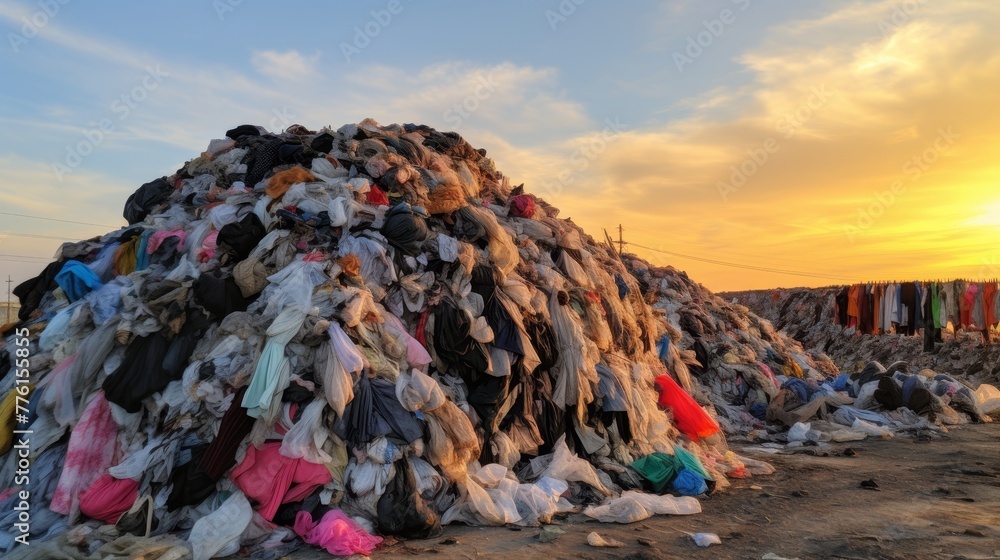 Pile of discarded clothing in landfill highlighting issues of fast ...