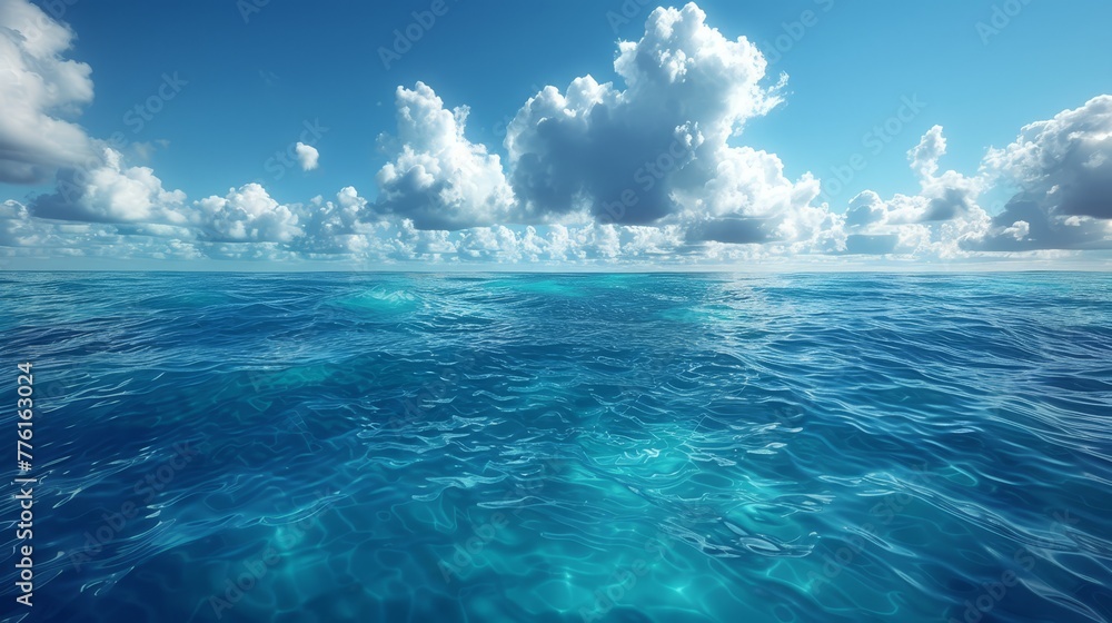 A expansive water body with clouds populating the sky above, featuring ...