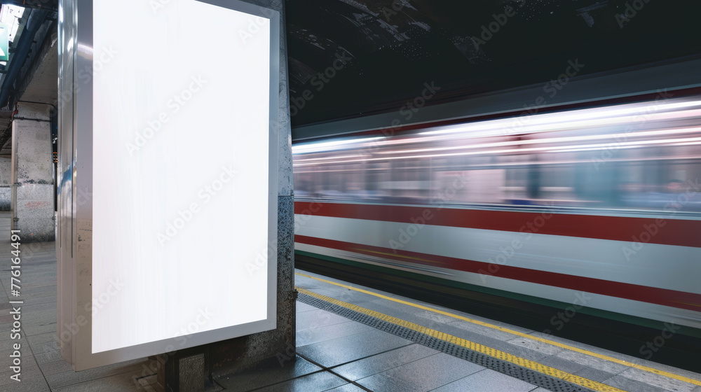 Long exposure, white vertical mock up banner on underground station ...