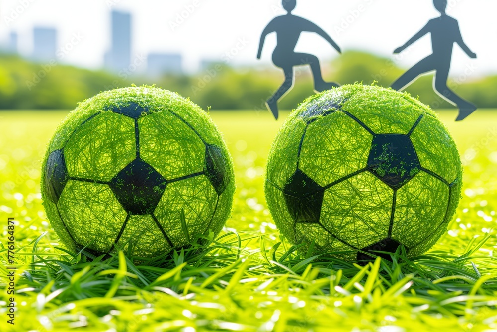 Twin spheres, patterned by nature's green, rest on grass field ...