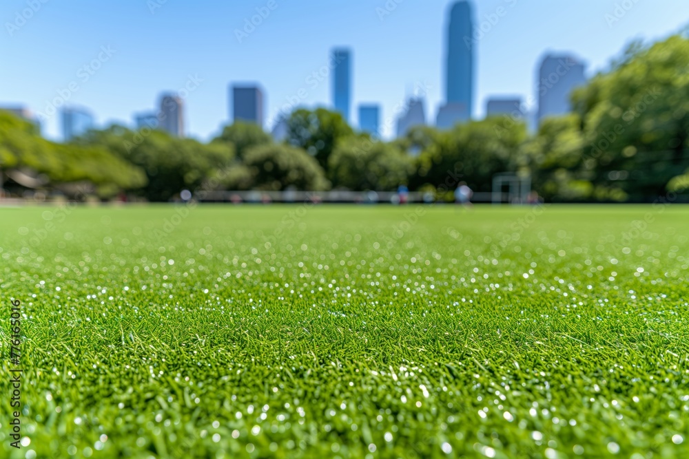 Ground-level view of park's vibrant grass, city's high rises loom in ...