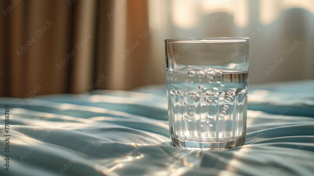 Clear, refreshing glass of water placed beside a bed in a minimalist ...
