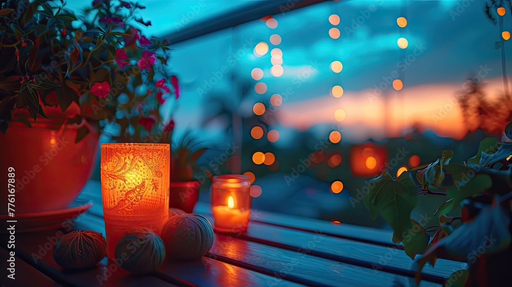 Cozy balcony space with plants and soft lighting for night-time self ...