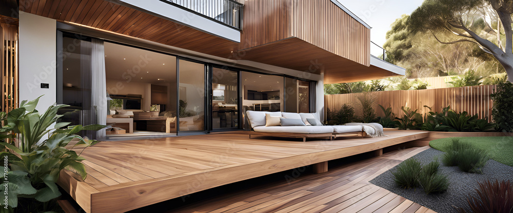 A modern home with a wide timber deck, backyard and garden furniture ...