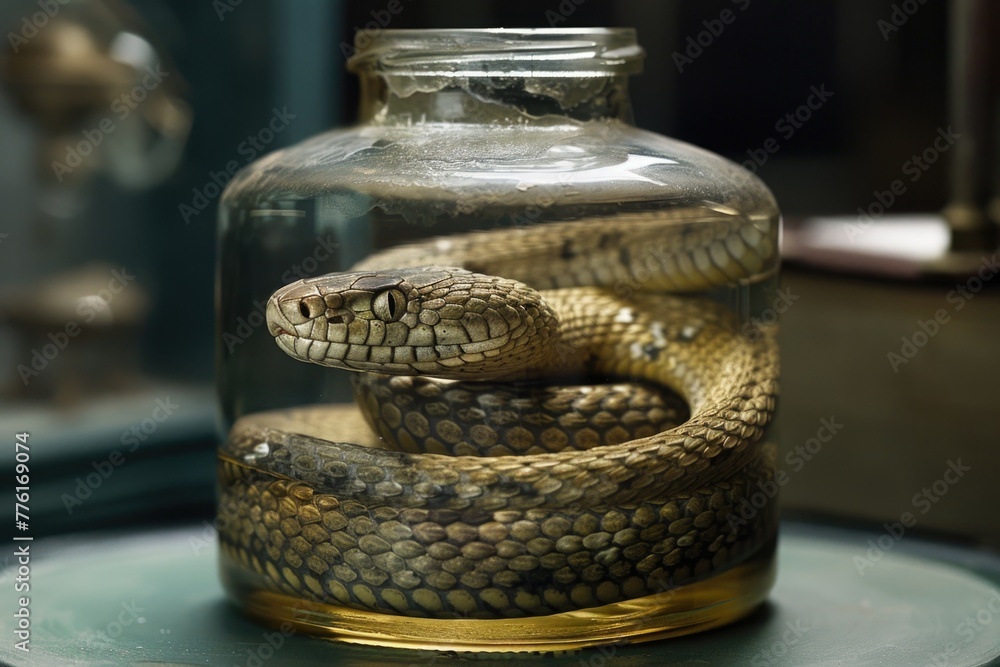 Realistic depiction of a snake wet specimen, coiled elegantly in a ...