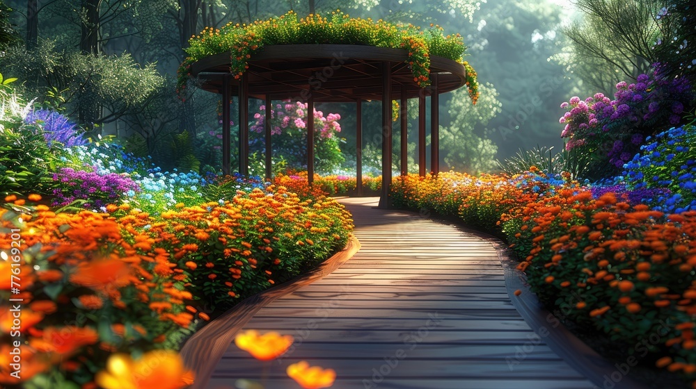 Secluded meditation space within a vibrant flower garden, promoting joy ...