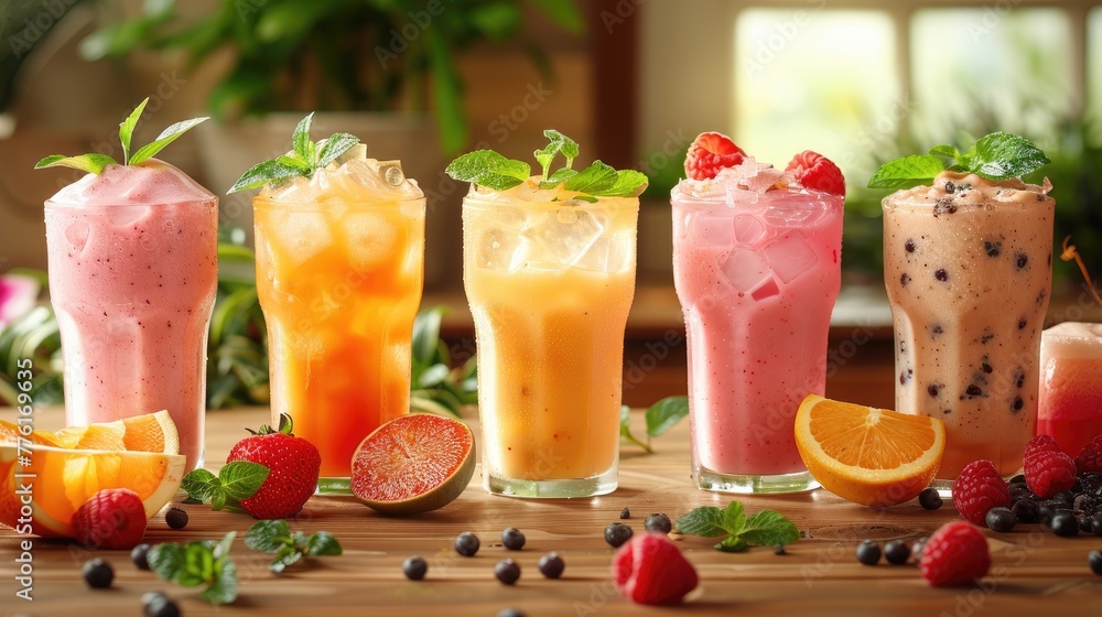 Zen-like smoothie and tea table, offering a calm space with herbal and ...