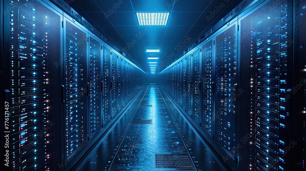 Large server room with rows of servers. Server racks in server room ...