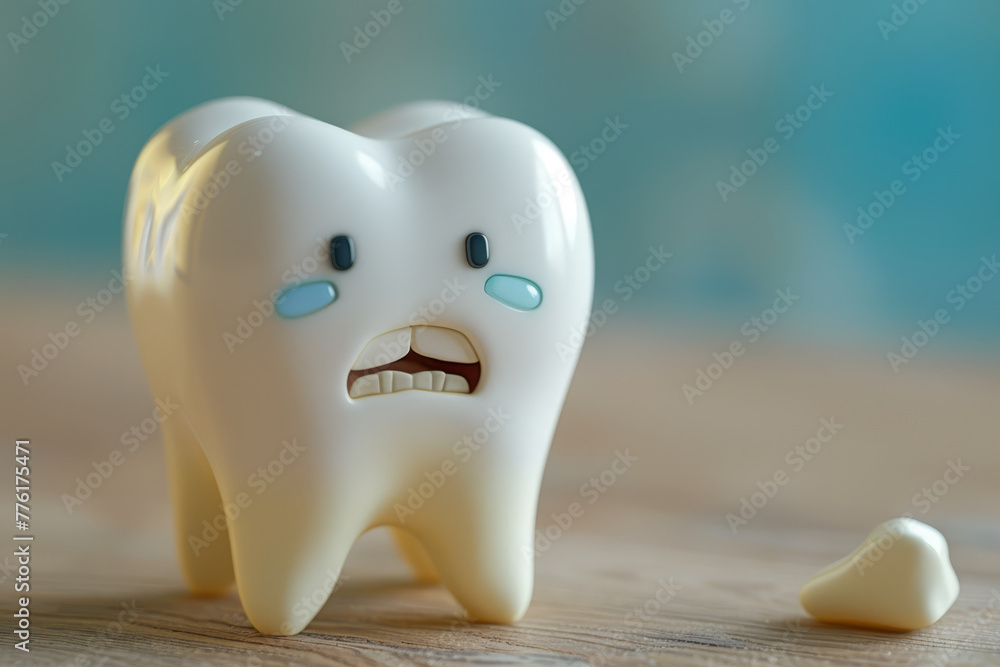 A concerned tooth character with a fallen filling, symbolizing dental ...