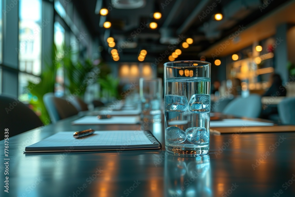 Conference Room Setup with Glass of Water and Notebook Stock Photo ...