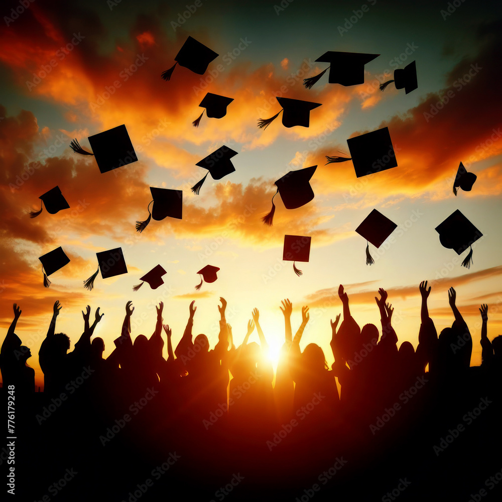 against a cloudy dawn sky, silhouettes of university graduates toss ...