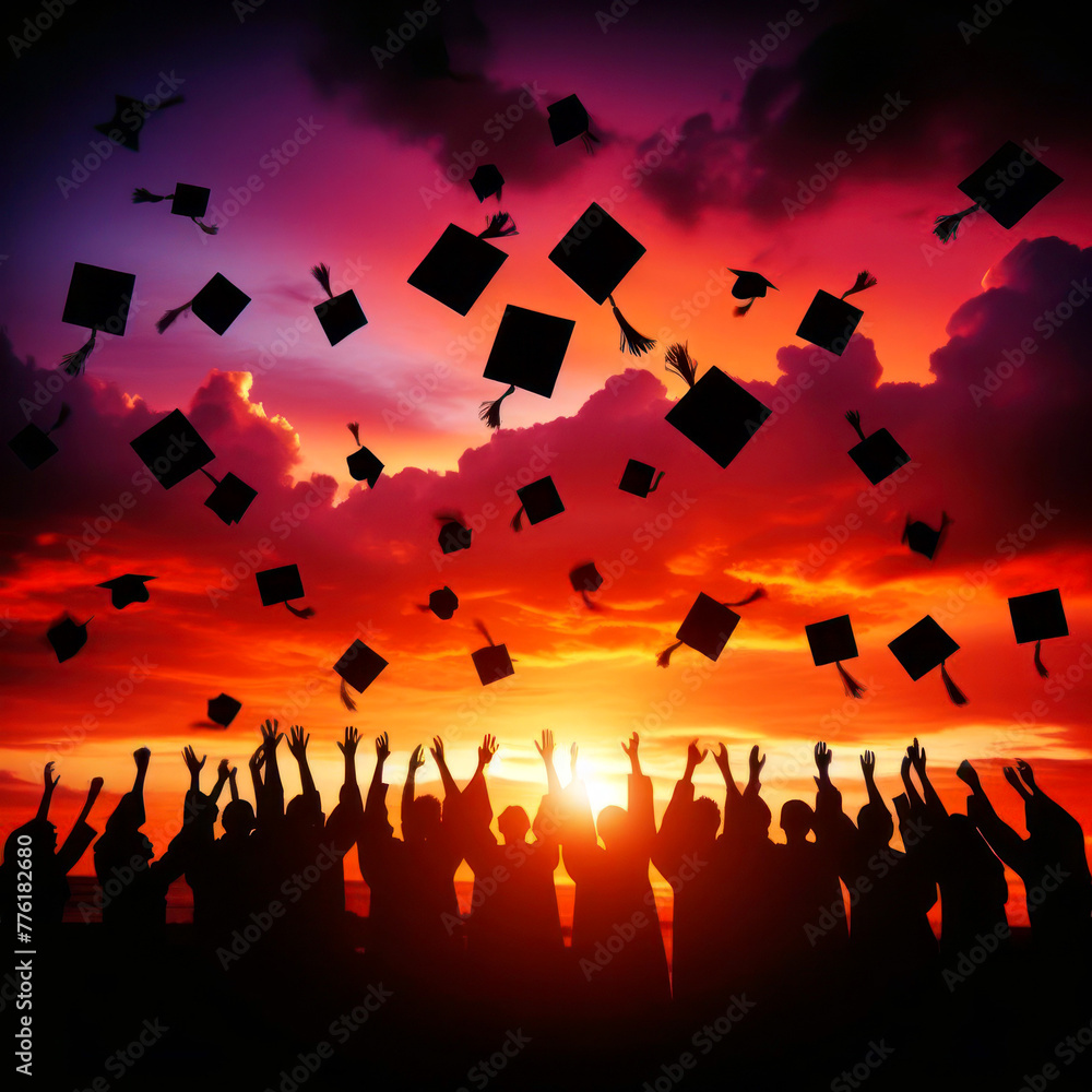 Liberation and victory: happy silhouettes of university graduates throw ...