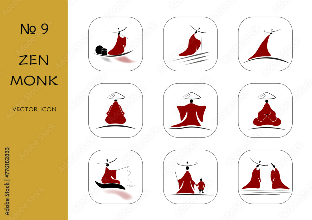 N.9 ZEN MONK ICONS. Different poses and actions Chinese ancient monk in ...