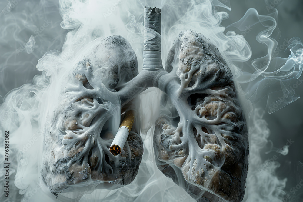 Smoker hand holding a smoking cigarette next to lungs full of smoke ...