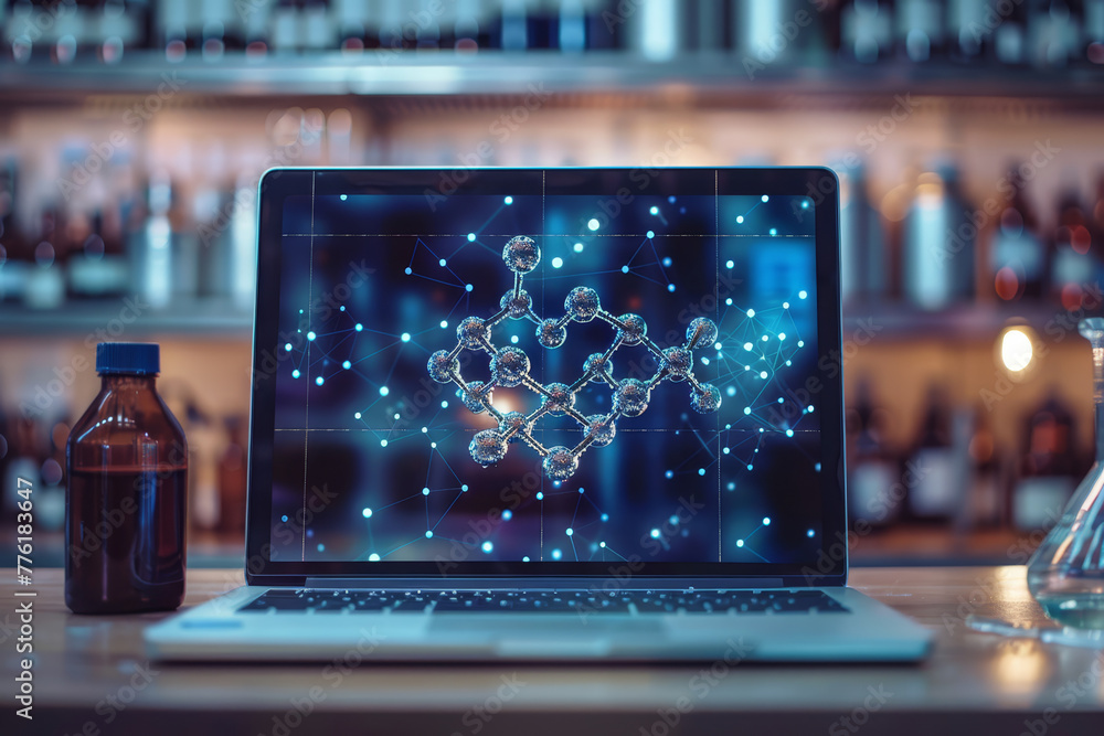 High-tech laboratory featuring an advanced microscope and a digital screen displaying molecular ...
