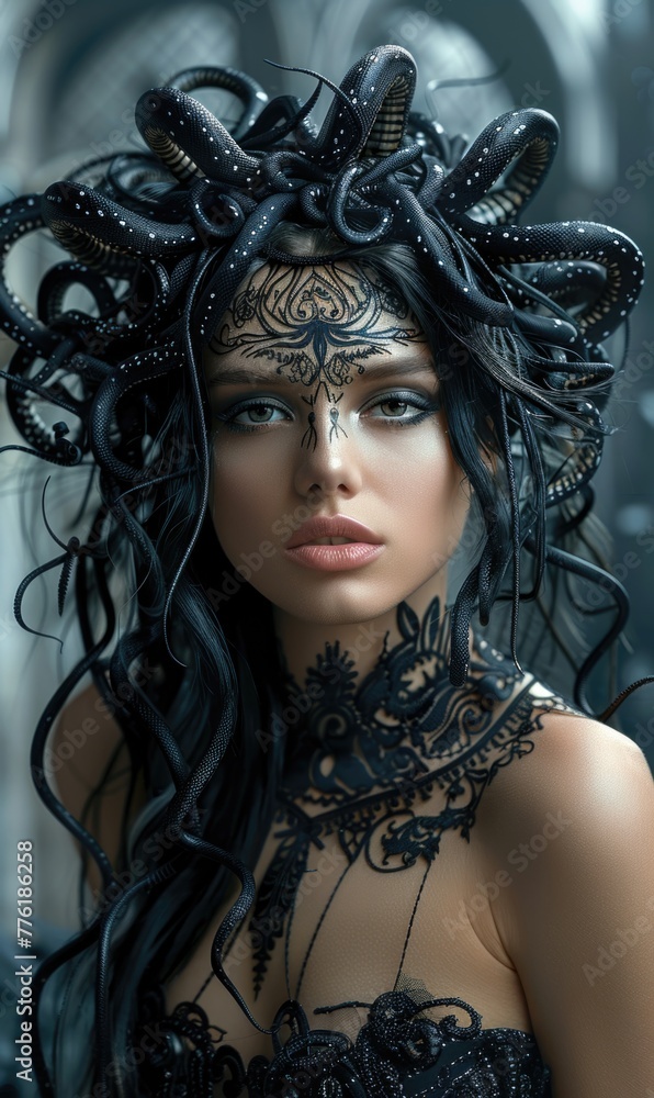 Mythical lord: the legend of Medusa, represented as a Greek Gorgon with ...