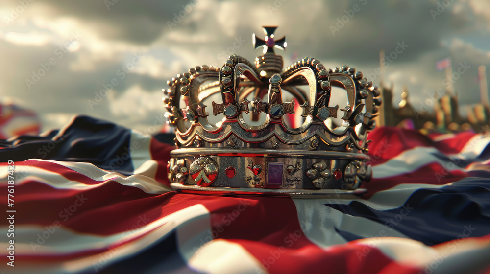 3d golden crown and British flag, illustration, monarchy, coronation ...
