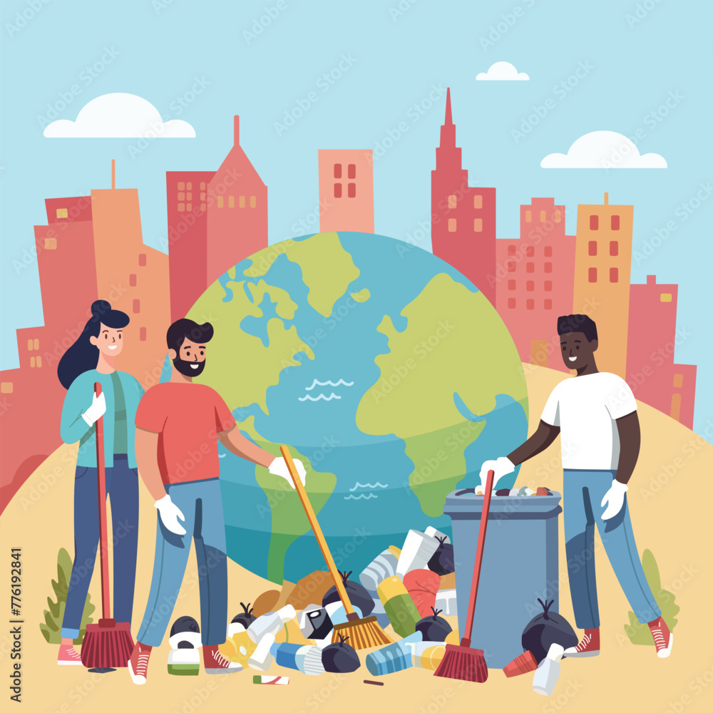 People are cleaning up planet from garbage. World Environment Day. Save ...