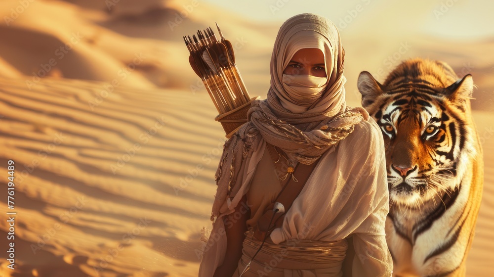 Muslim woman wearing a white hijab carrying a bow and arrow accompanied ...