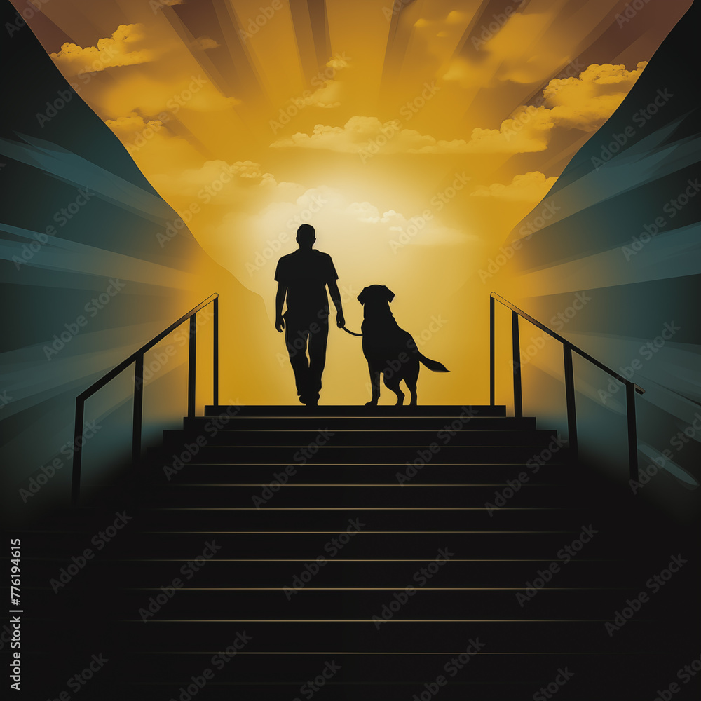 A silhouette image of a guide dog guiding its owner up a flight of ...