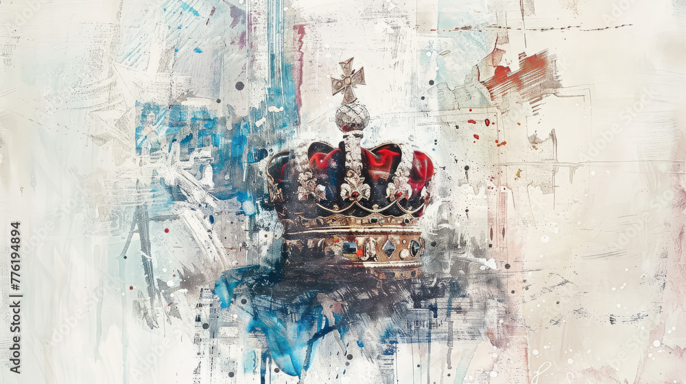 watercolor crown and British flag on a white background, illustration ...