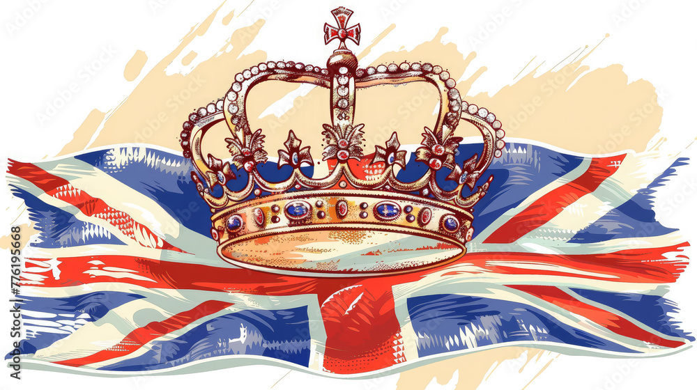 golden crown and British flag on a white background, illustration ...