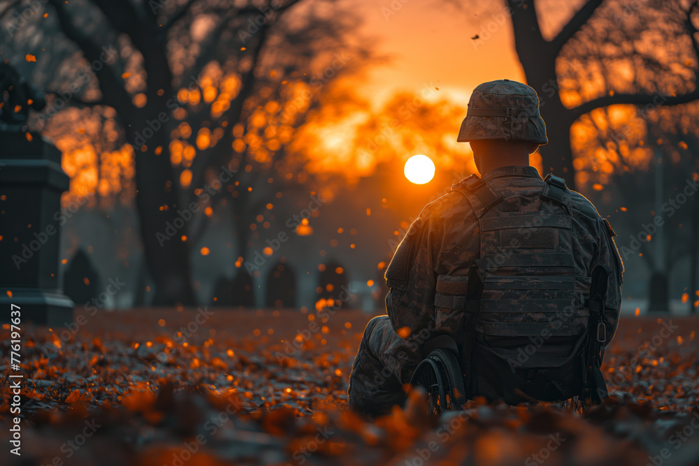 A military veteran in a wheelchair, at a military cemetery, honors the ...