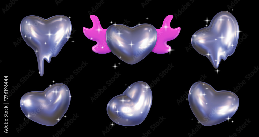 Set of 3D chrome hearts in y2k style. Balloon metal hearts from ...
