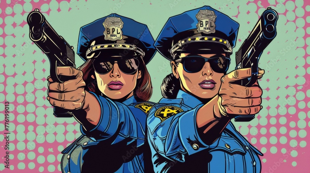 Vector illustration of male and female police officers with guns. Comic ...
