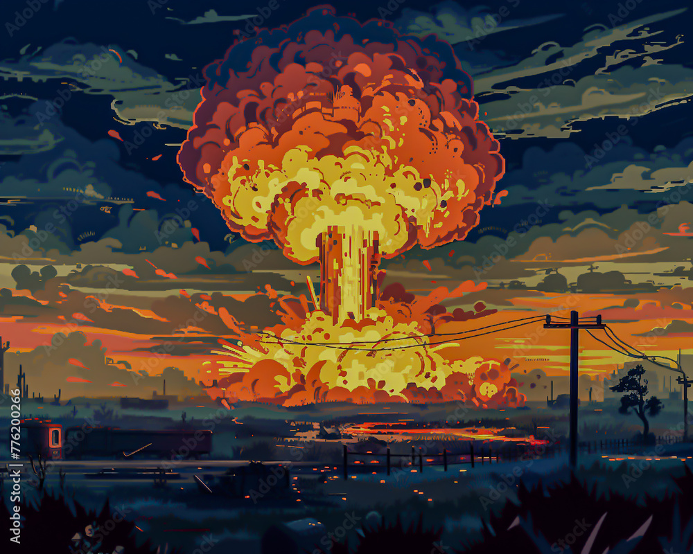 Illustrate a game level with a 2D pixelated cartoon aesthetic depicting ...