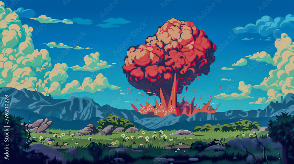 Produce a 2.5D pixelated cartoon landscape featuring the aftermath of a ...