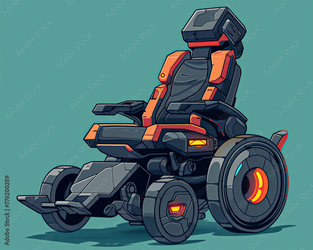 Illustrate a futuristic wheelchair accessory for a character in a ...