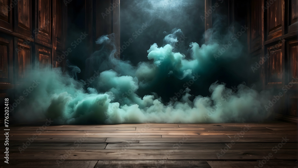 An eerie wooden pathway with thick fog enveloping the space, creating a ...