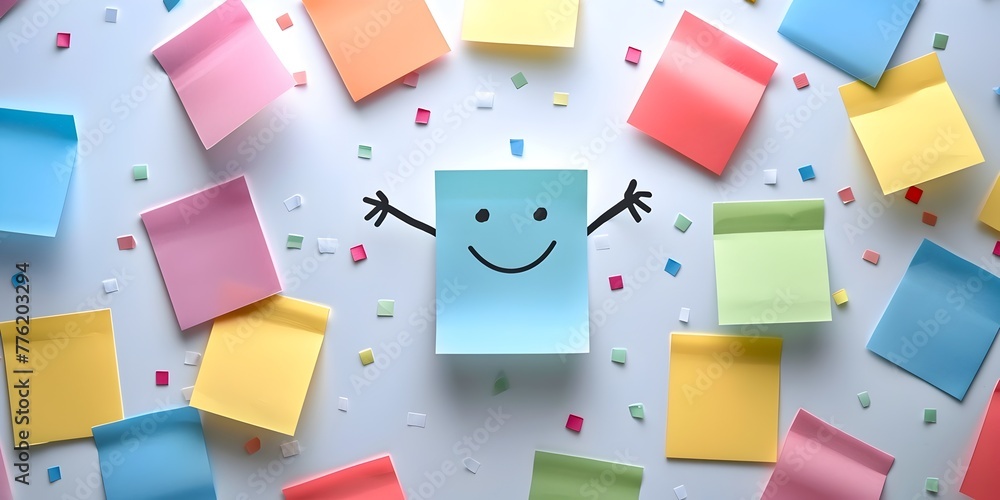 Colorful sticky note character with a smiley face clinging to reminders ...