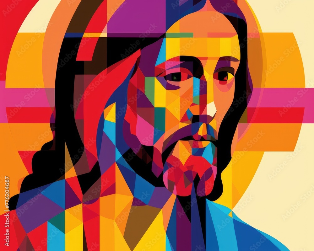 Abstract representation of Jesus Christ with bold colors and geometric ...