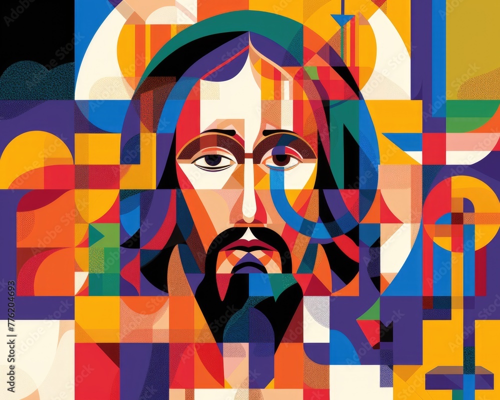 Abstract representation of Jesus Christ with bold colors and geometric ...