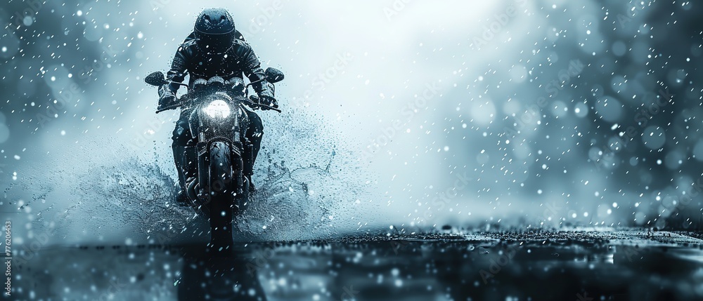 Motorcyclist riding a motorcycle on a wet road in the rain Stock ...