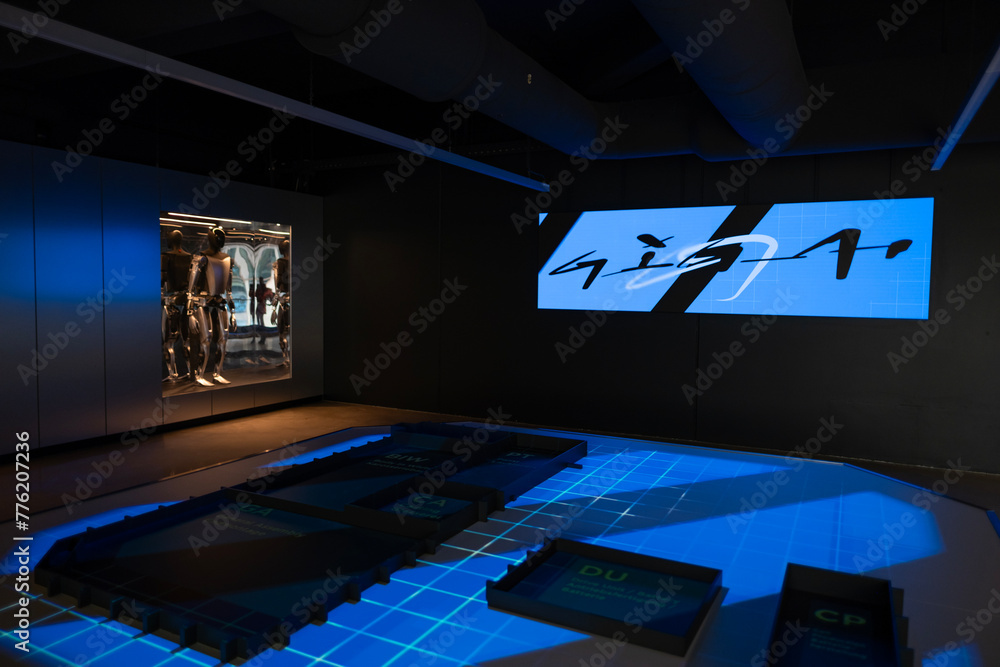 Tesla Bot Optimus robotic in Gigafactory Berlin-Brandenburg lobby ...