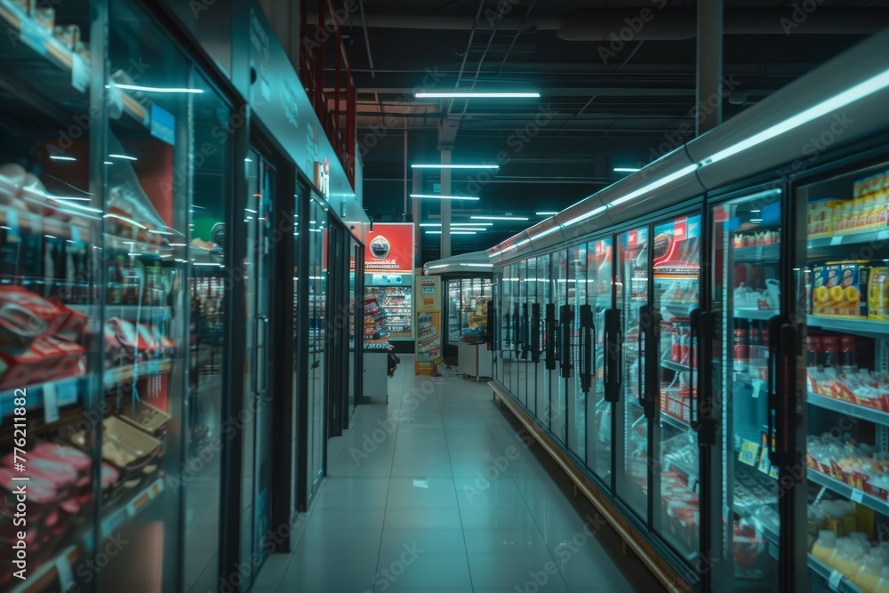 Frozen goods area in a supermarket, long refrigerated display cases ...