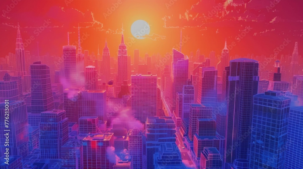 Cartoon animation of a thermal imaging view of a city during a heatwave ...