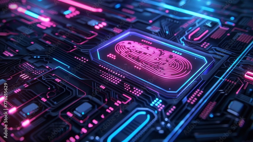 Cyber security system in neon, featuring fingerprint tech for a visual ...