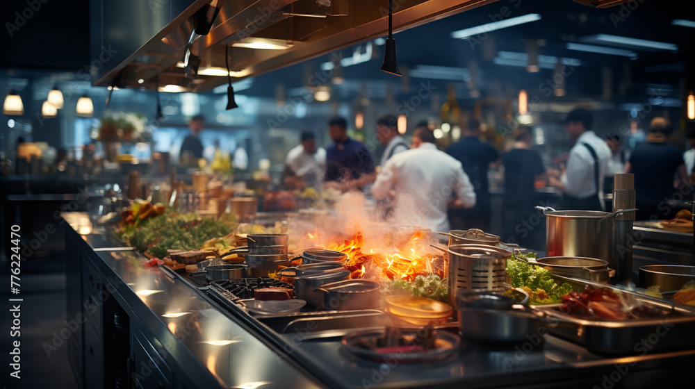 Process of cooking on the big steel kitchen of a restaurant. Concept of ...