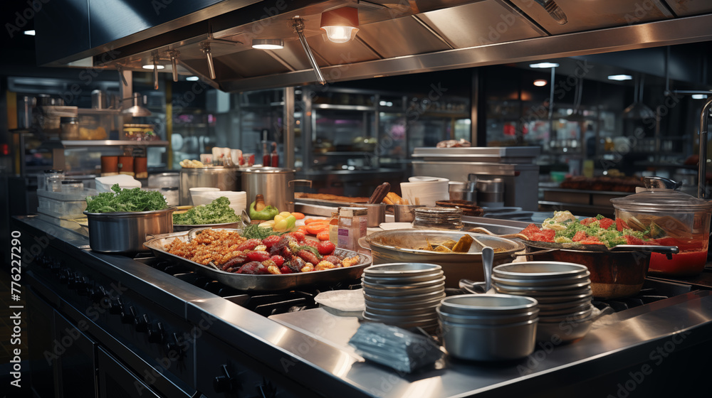 Process of cooking on the big steel kitchen of a restaurant. Concept of ...