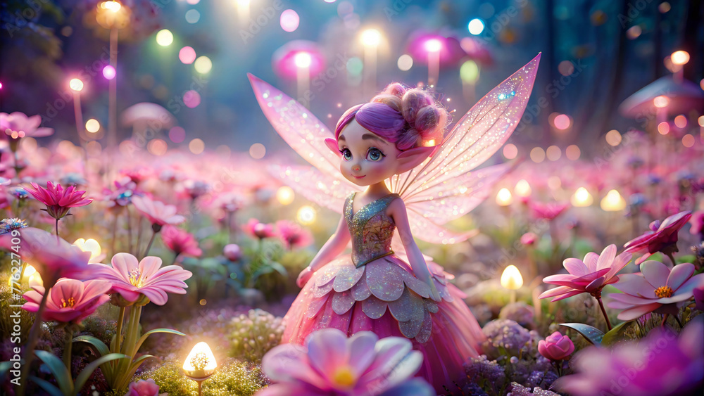 cute pink angel in the glowing flower garden in fantasy land Stock ...