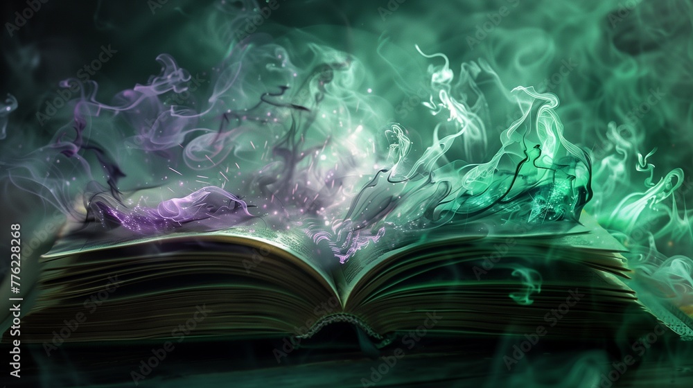 Magic emanates from the magic book, Dazzling magical smoke emanates ...