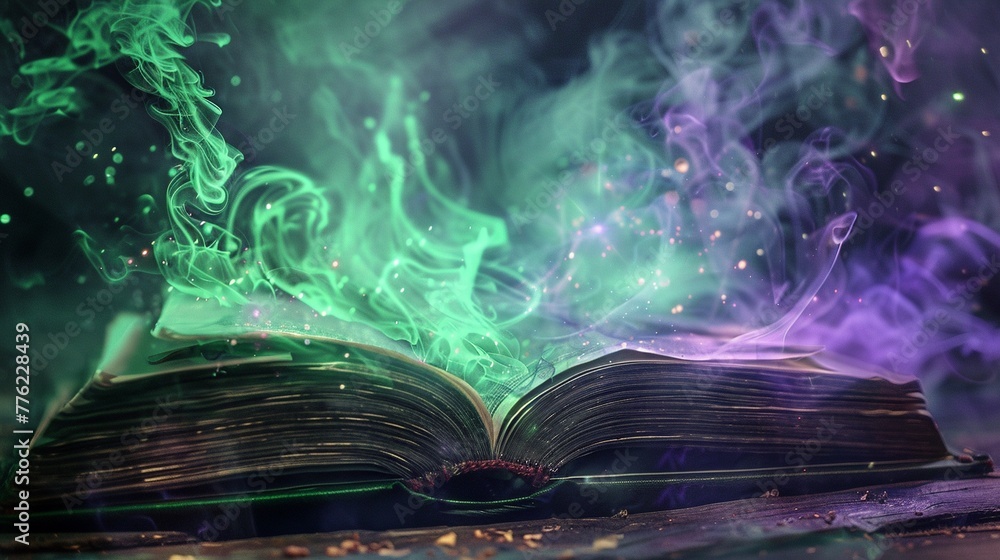 Magic emanates from the magic book, Dazzling magical smoke emanates ...