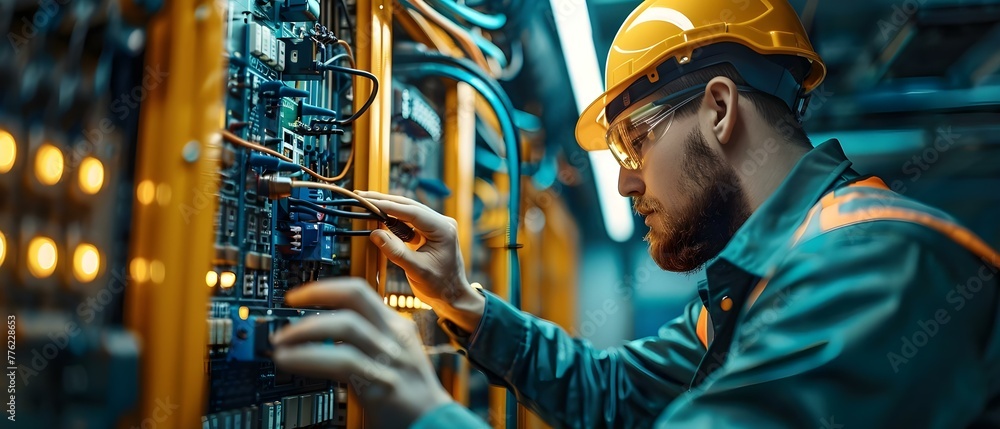 Engineer inspecting electric current at circuit breaker terminal in ...